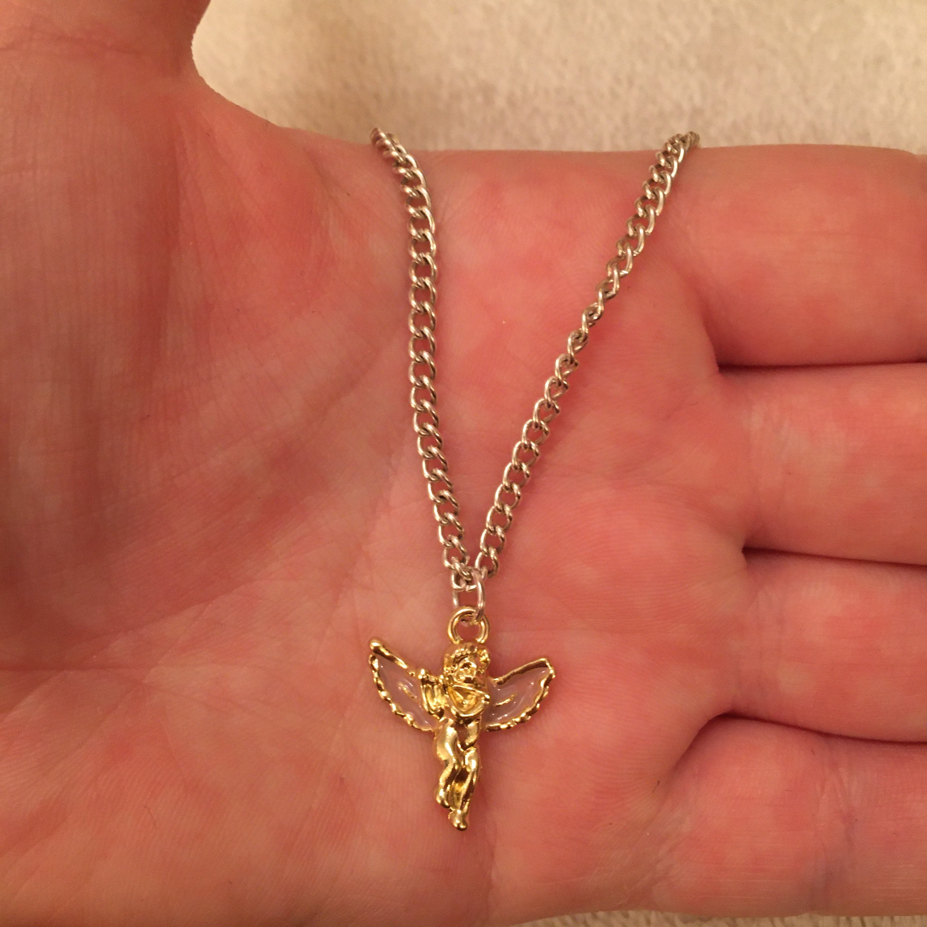 Silver Chain Necklace With Angel/ Cherub/ Cupid Charm, Angel Necklace ...