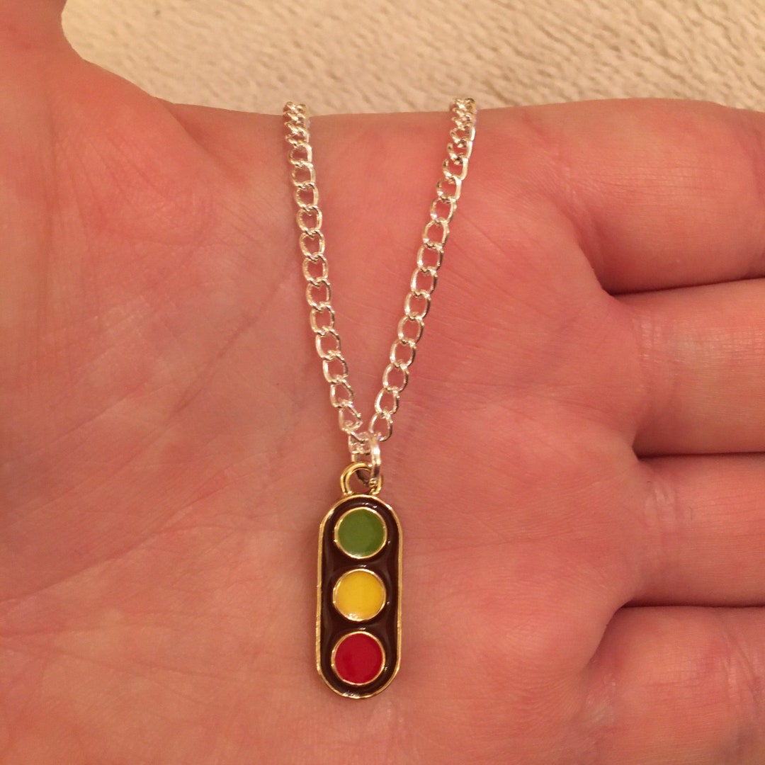 Silver Chain Necklace With Traffic Light Charm, Traffic Light Necklace ...