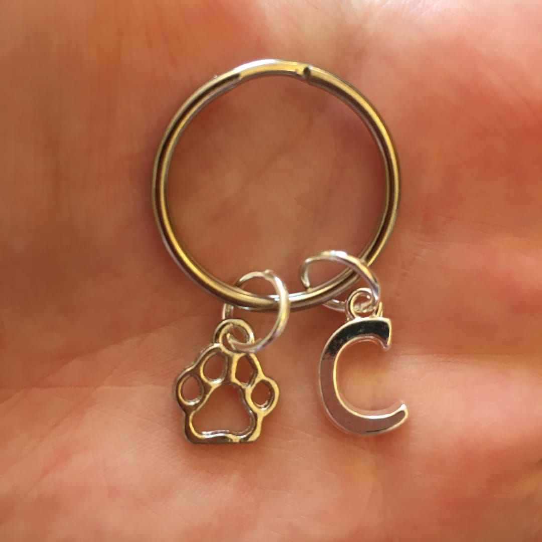 Silver Key Ring With Silver Paw Print Charm and Initial Charm ...