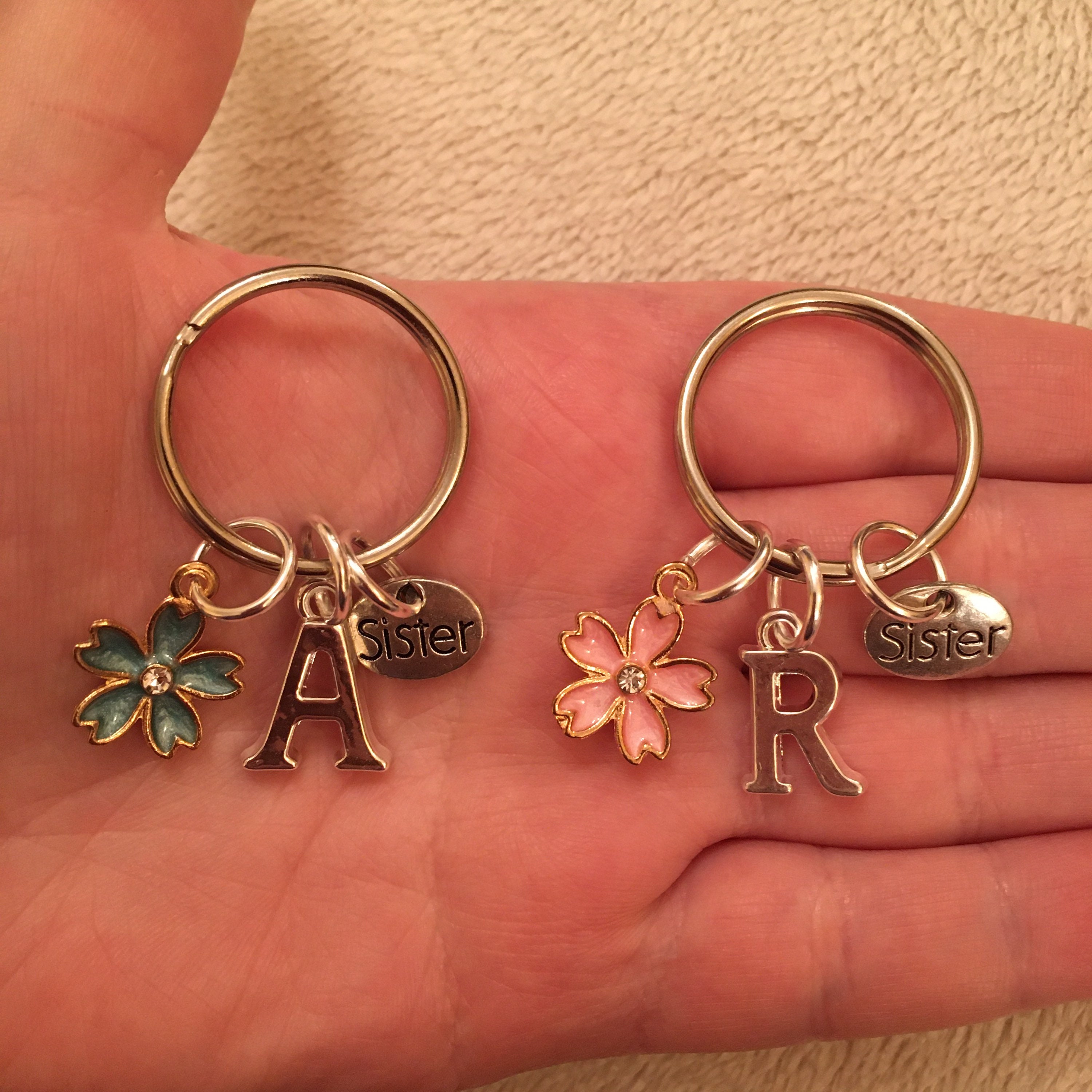 Silver Key Ring With Flower Charm Sister Charm and Initial - Etsy Ireland