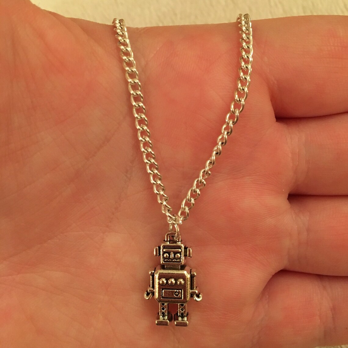 Silver Chain Necklace With Silver Robot Charm, Silver Robot Necklace ...