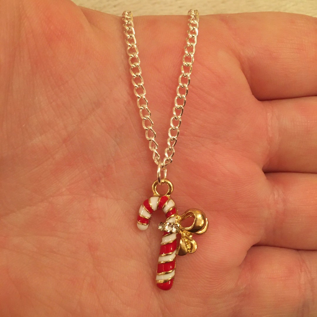 Silver Chain Necklace With Candy Cane Charm, Candy Cane Necklace ...