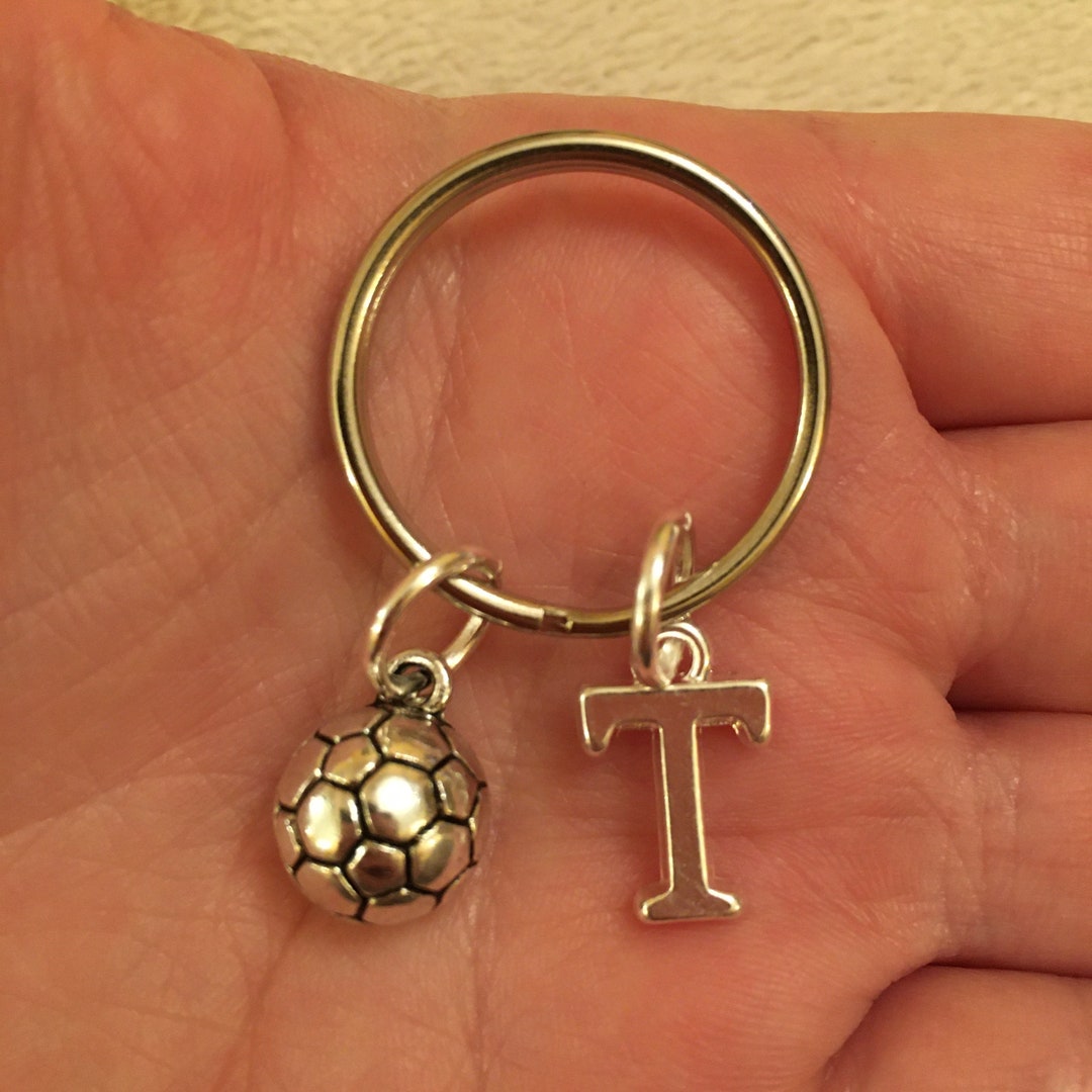 Silver Key Ring With 3D Football Charm and Silver Letter, Silver ...