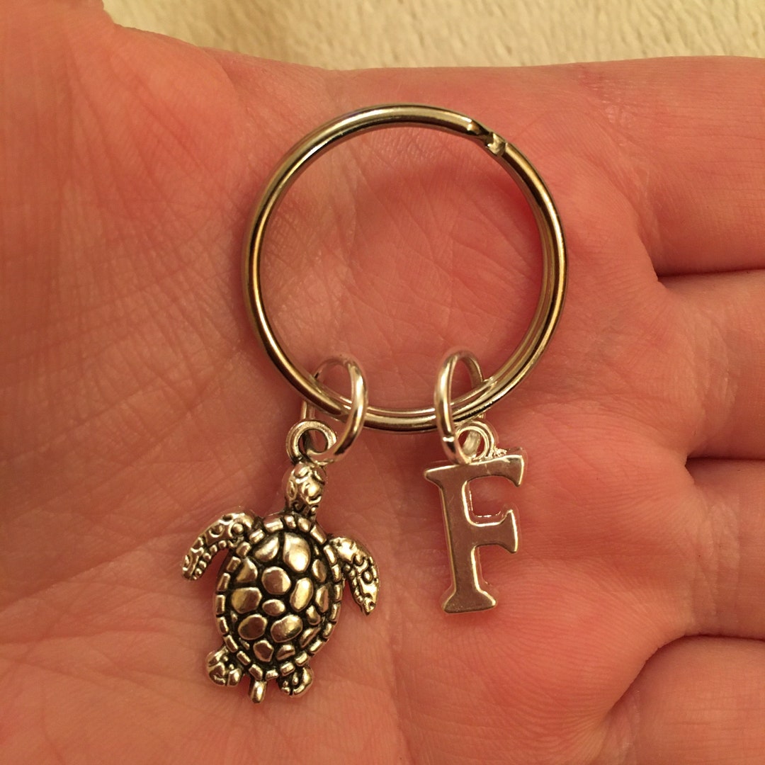 Silver Key Ring With Turtle Charm and Initial Charm, Turtle Key Ring ...