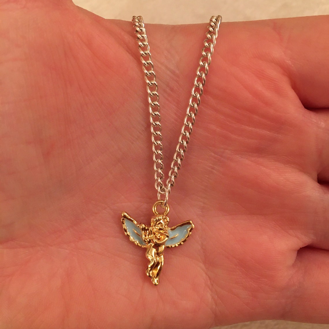 Silver Chain Necklace With Angel/ Cherub/ Cupid Charm, Angel Necklace ...