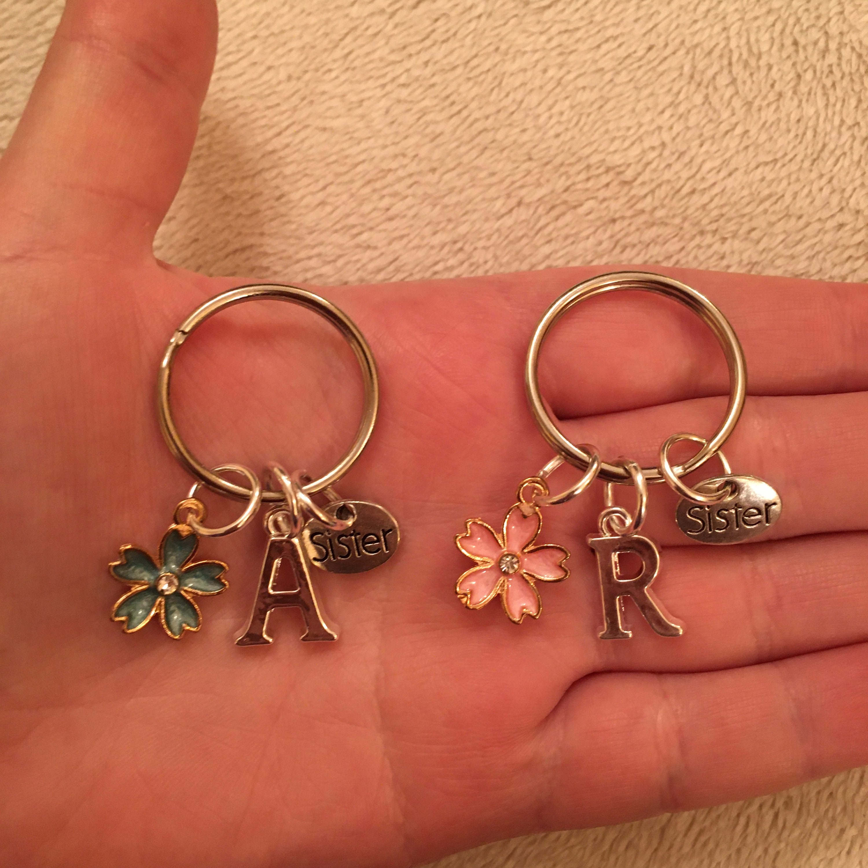 Silver Key Ring With Flower Charm Sister Charm and Initial - Etsy Ireland