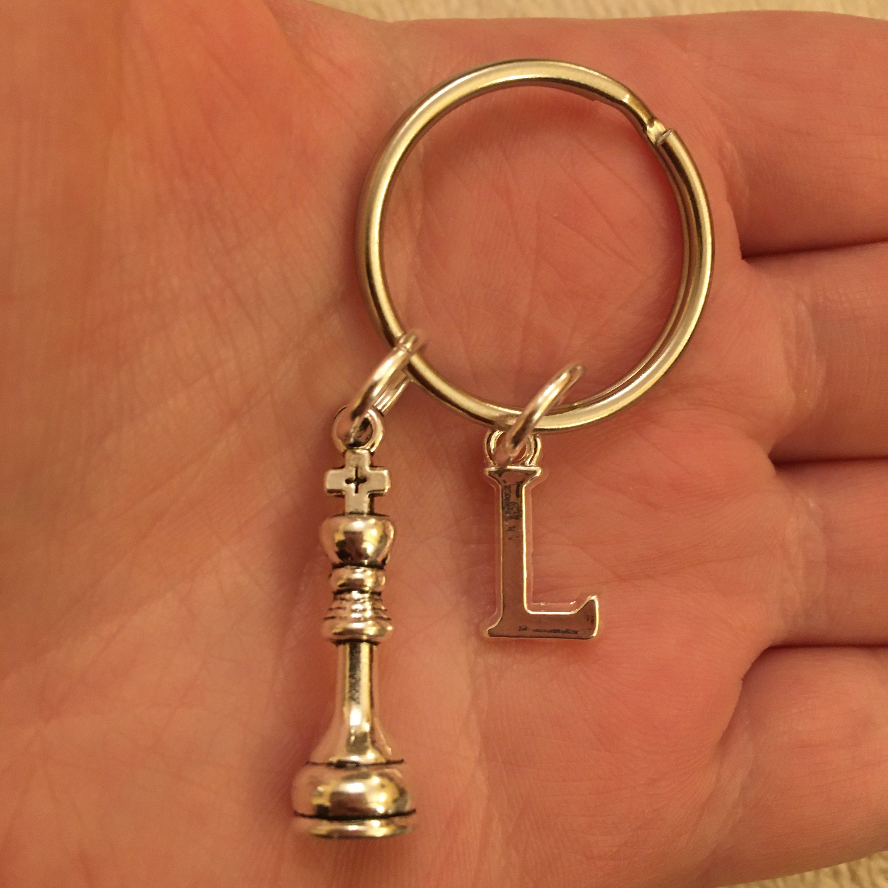 Silver Key Ring With King Chess Piece Charm and Letter Charm, Initial ...