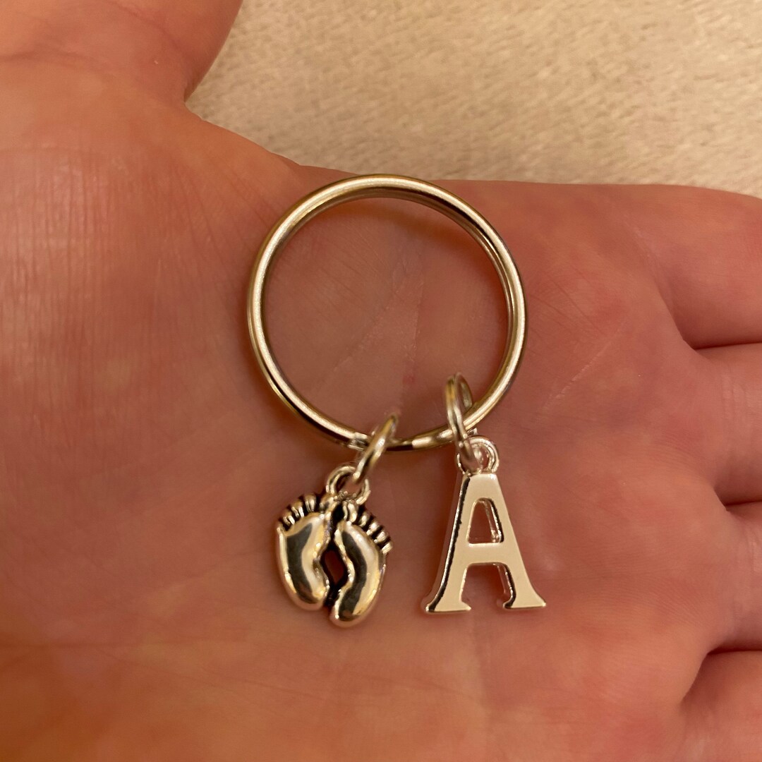 Silver Keyring With Baby Feet Charm and Initial Charm, Baby Feet ...
