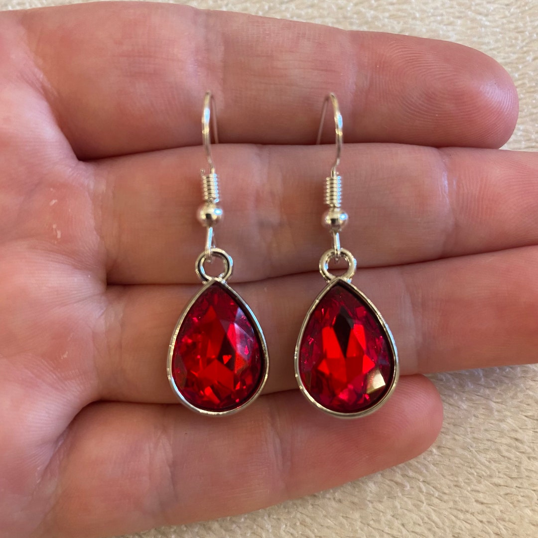 Silver Dangle/ Drop Earrings With Red Teardrop Rhinestones, Red ...