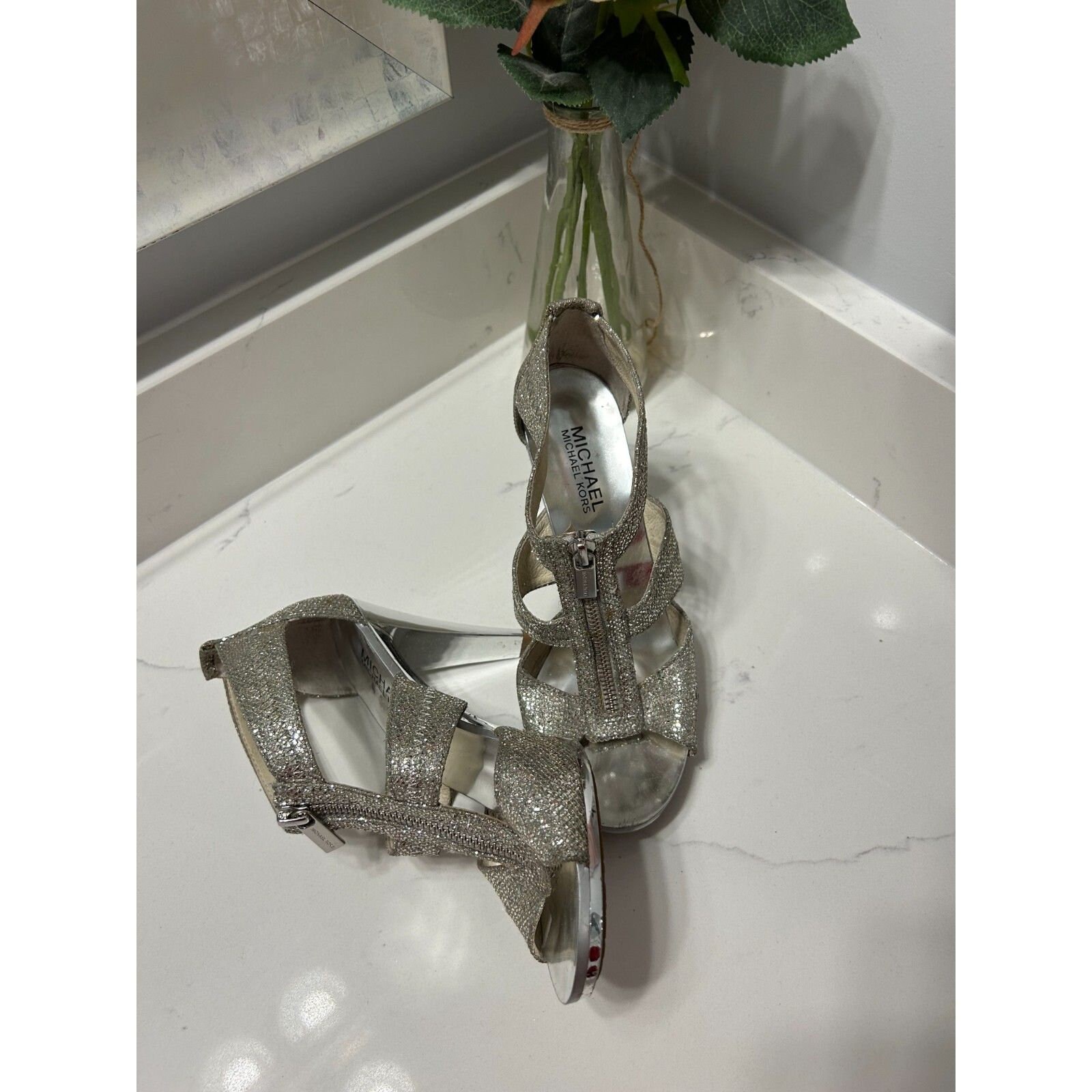 Michael Kors Silver Berkley T Strap Glitter Party Shoes
