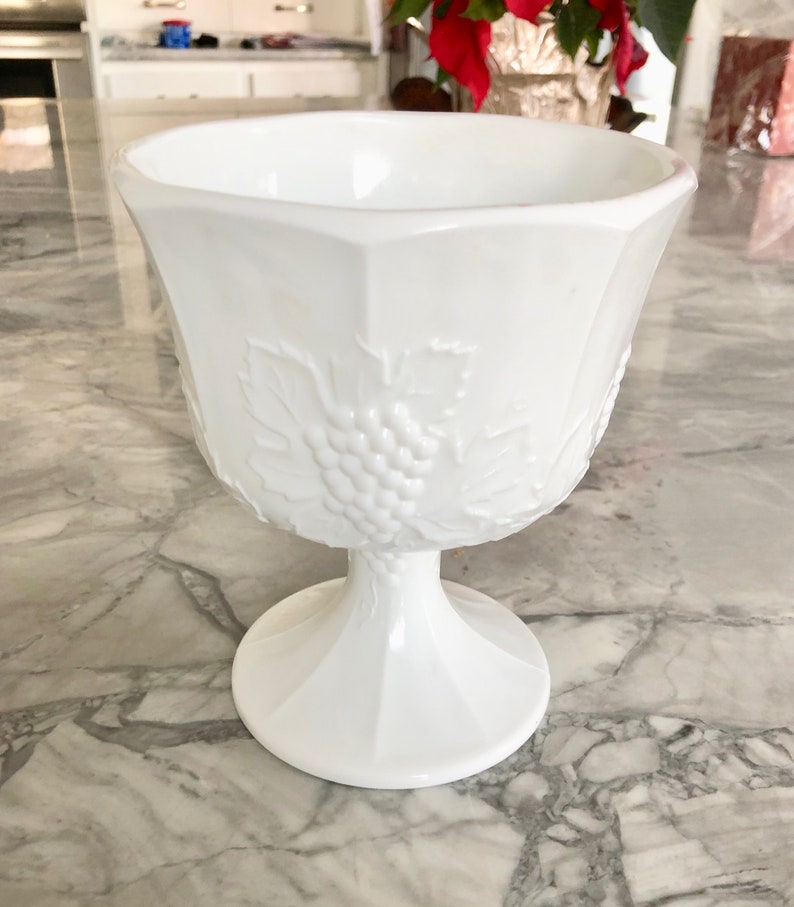 Vintage Milk Glass Footed Compote, Anchor Hocking Grapes and Leaves ...