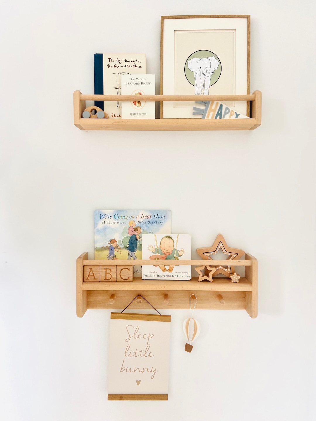Set of Two Beech Shelves (bookshelf & Peg Bookshelf) - Nursery Shelves ...