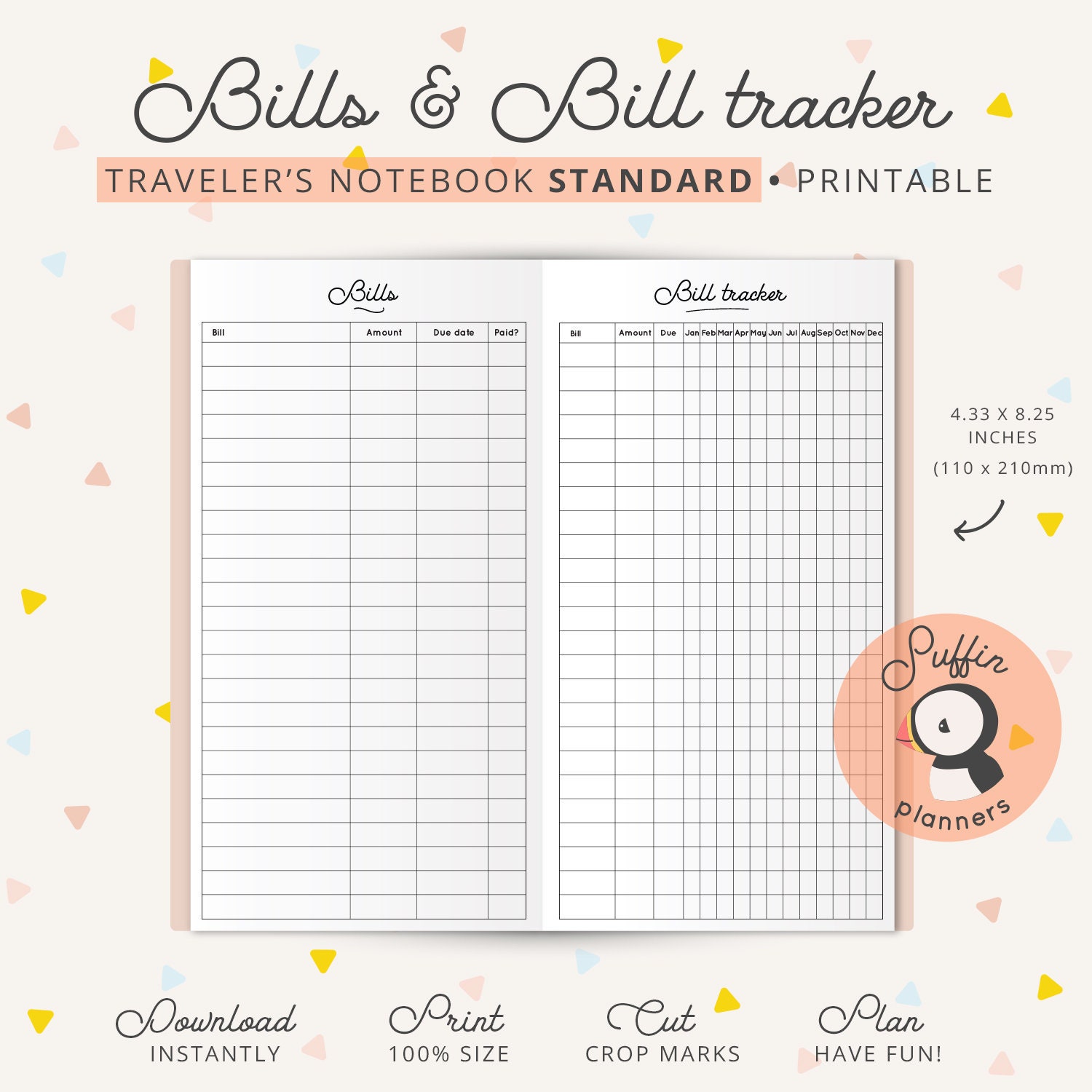 TN Standard Insert, Bills, Bill Tracker, Midori Travelers Notebook ...