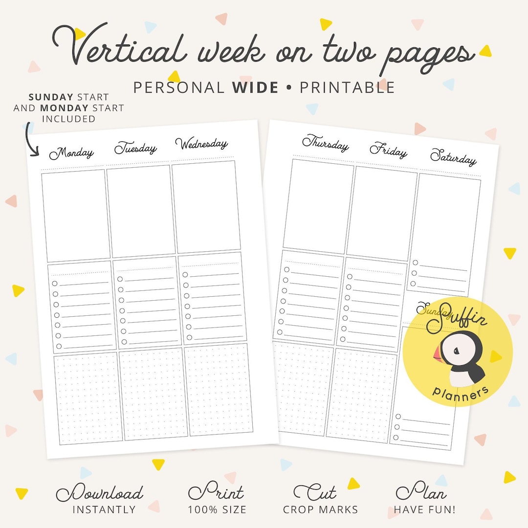 Vertical Weekly Planner Printable, Week on Two Pages Personal Wide ...