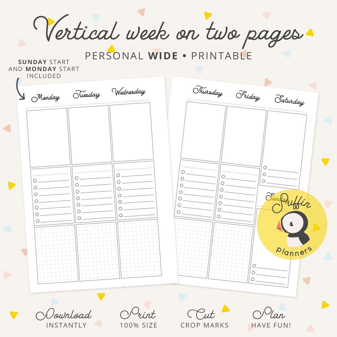 Vertical Weekly Planner Printable, Week on Two Pages Personal Wide ...