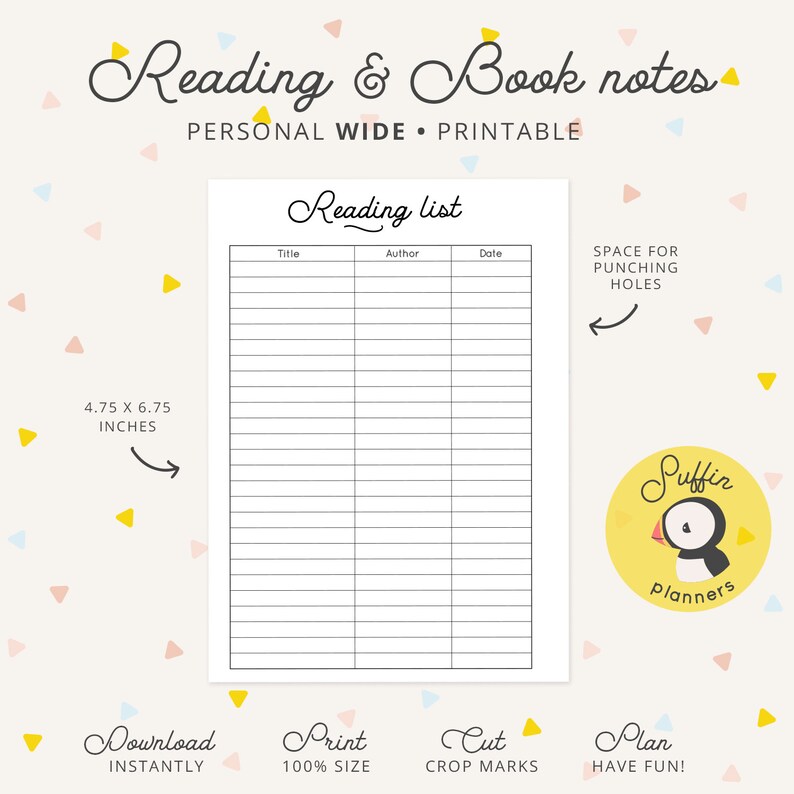 Reading List Planner, Personal Wide Inserts, Book Notes, Reading List ...