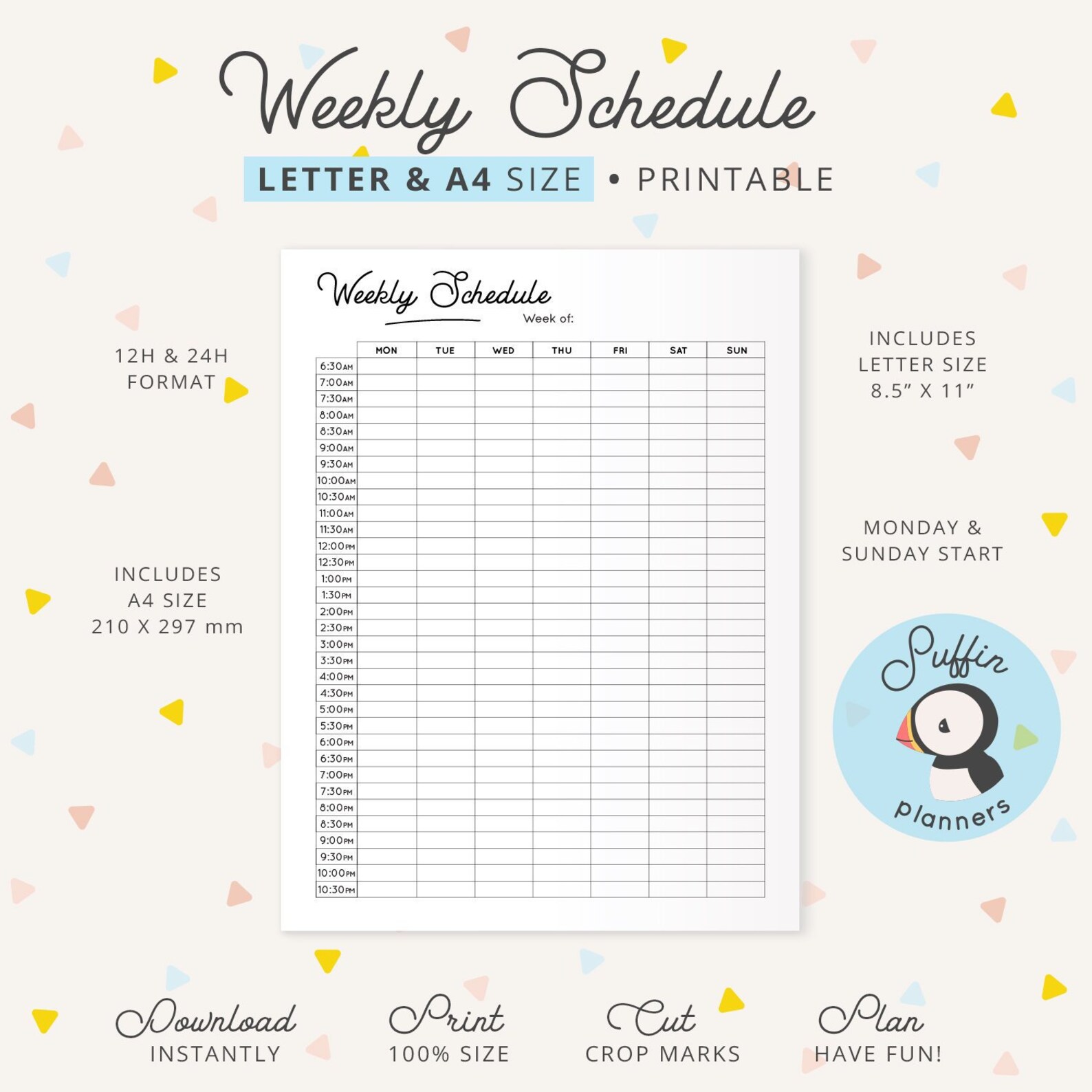 Hourly Planner Binder Inserts, A4 & Letter Printable, Weekly Schedule ...