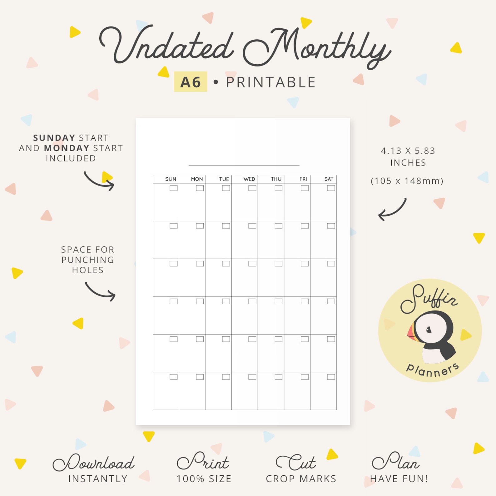 Undated Monthly Calendar A6 Ring Printable, A6 Monthly Insert Printable ...