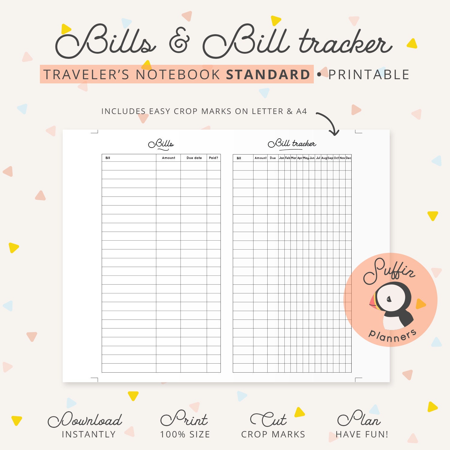 TN Standard Insert, Bills, Bill Tracker, Midori Travelers Notebook ...