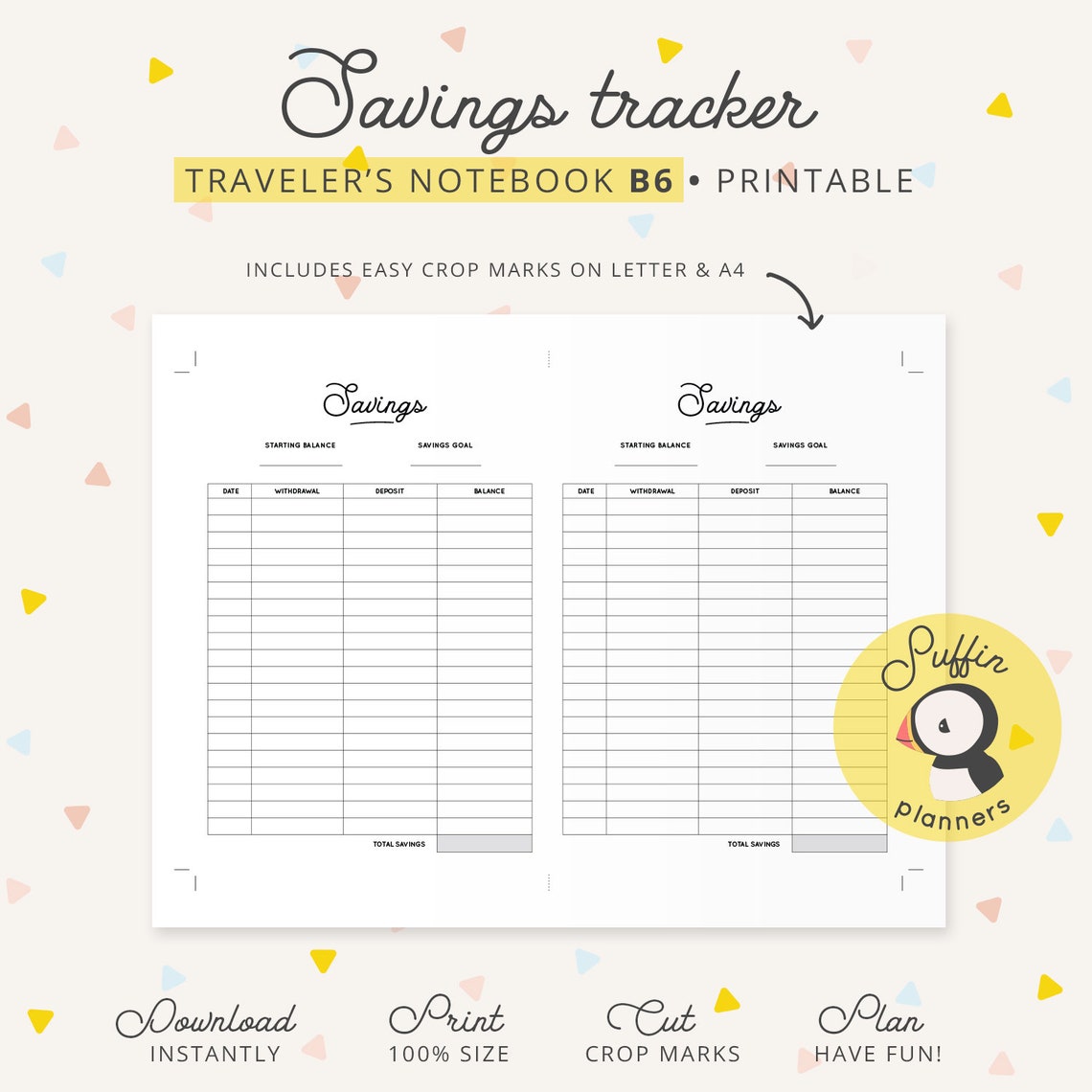 Savings Tracker, Travelers Notebook B6 Printable Inserts, B6 Printable, Tn B6 Inserts, B6 ...