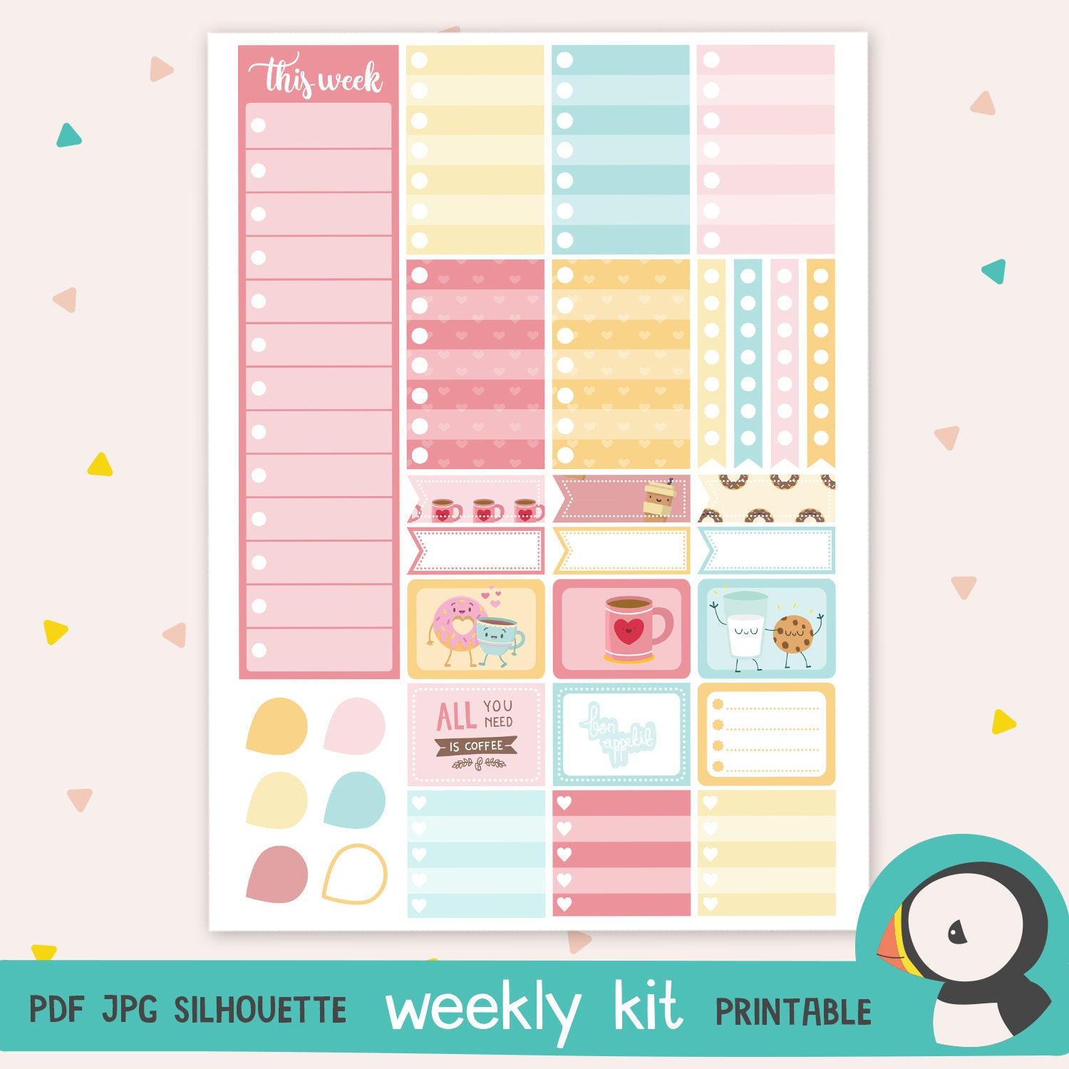 Printable Happy Planner Stickers coffee & Donuts, PDF, JPG, Silhouette ...