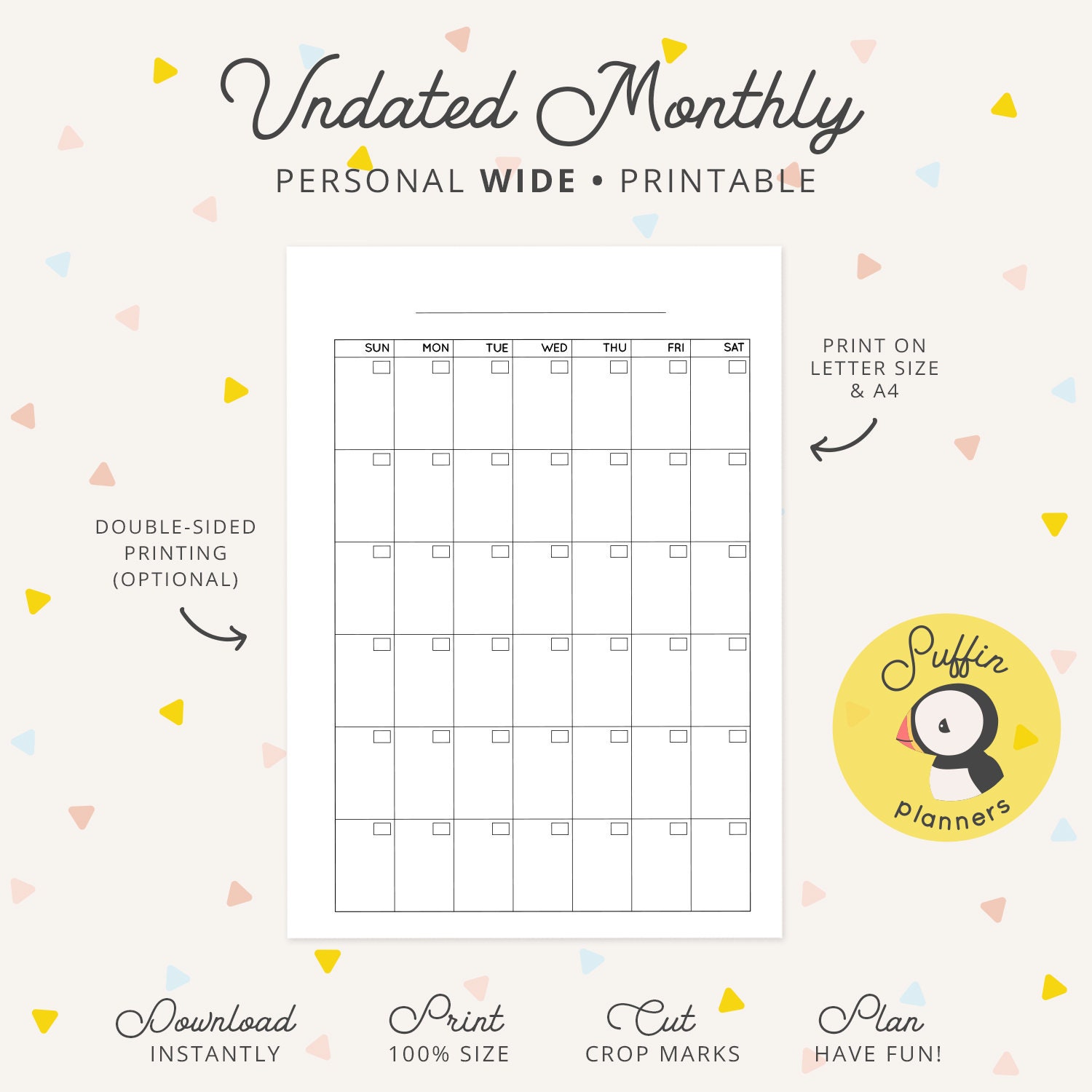 Undated Monthly Calendar Personal WIDE Ring Printable, Personal Wide ...