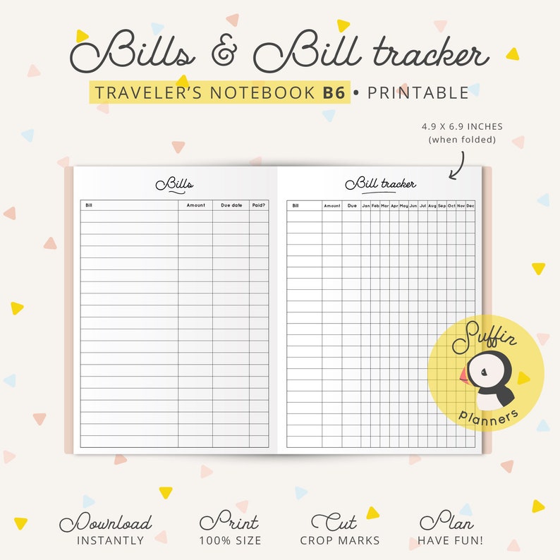 Bill Tracker, Travelers Notebook B6 Printables, B6 Printable, Tn B6 Inserts, B6 Travelers ...