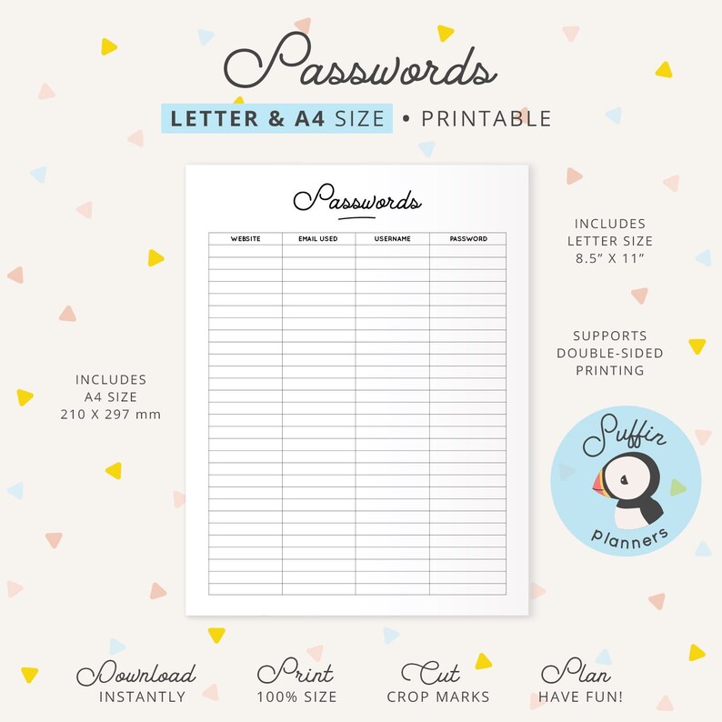 Password Printable A4 & Letter Binder Insert Password Log - Etsy