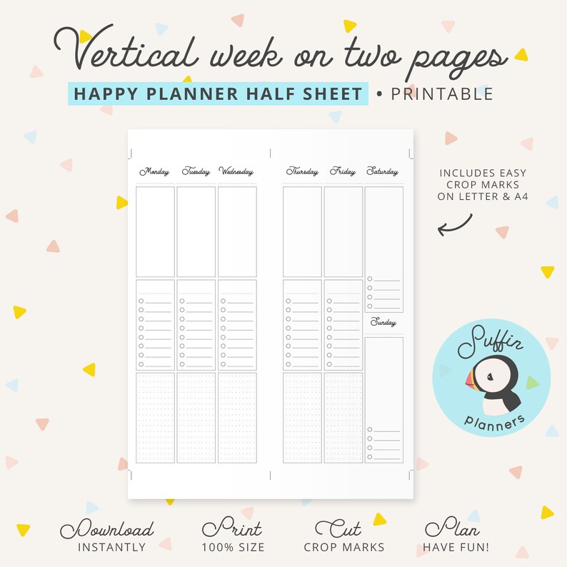 Vertical Weekly Planner Printable, Half Sheet Inserts, Week on Two ...