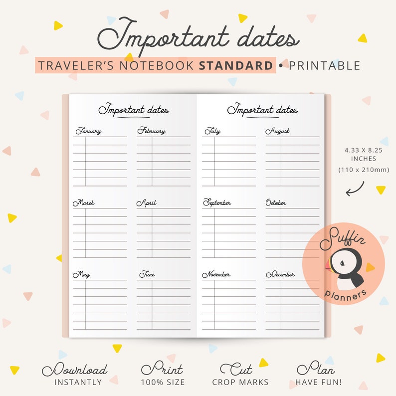 Travelers Notebook Standard Insert Important Dates TN - Etsy