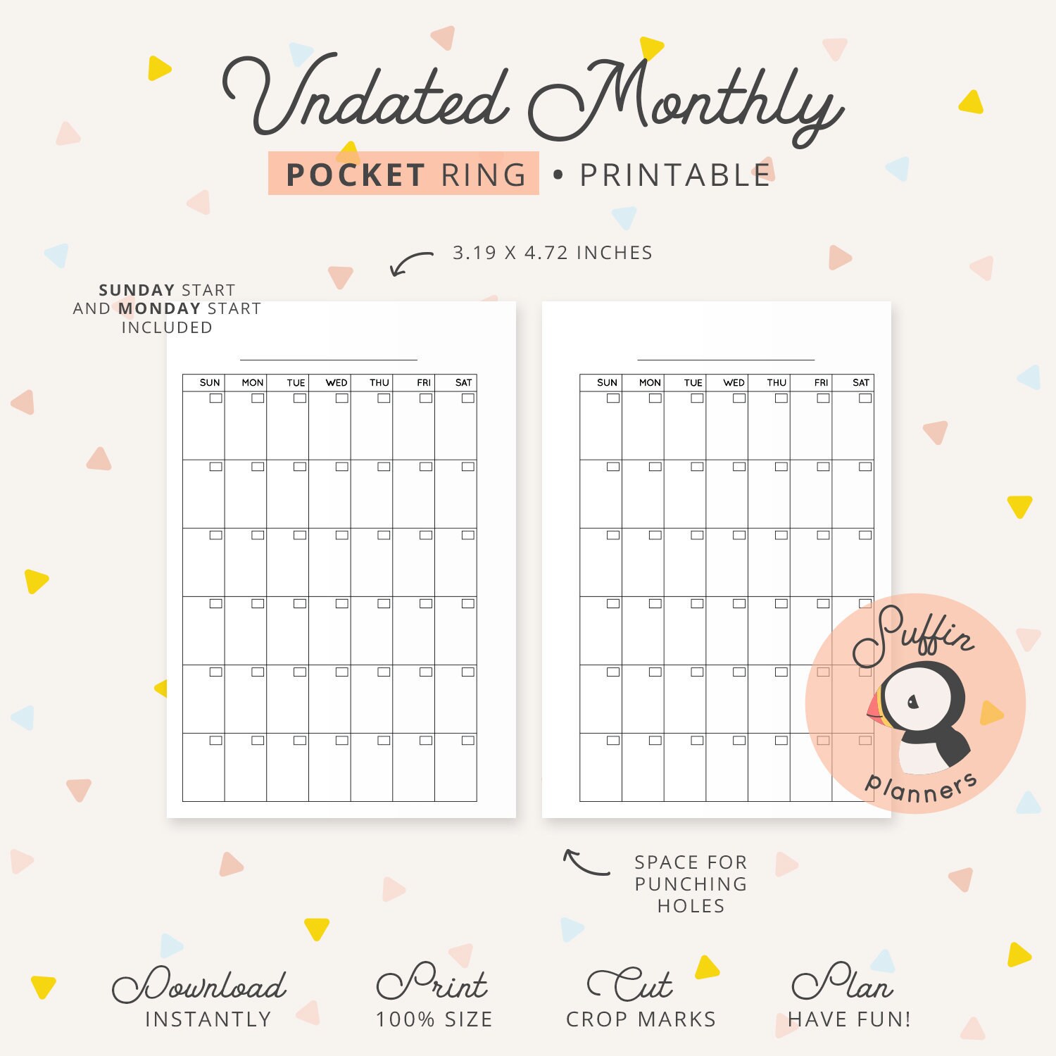 Pocket Ring Month, Undated Monthly Calendar Pocket Rings Inserts ...