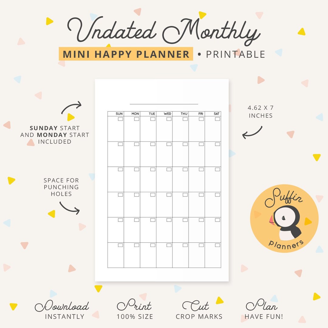 Mini Happy Planner Undated Monthly Calendar, Mini Happy Planner Monthly ...