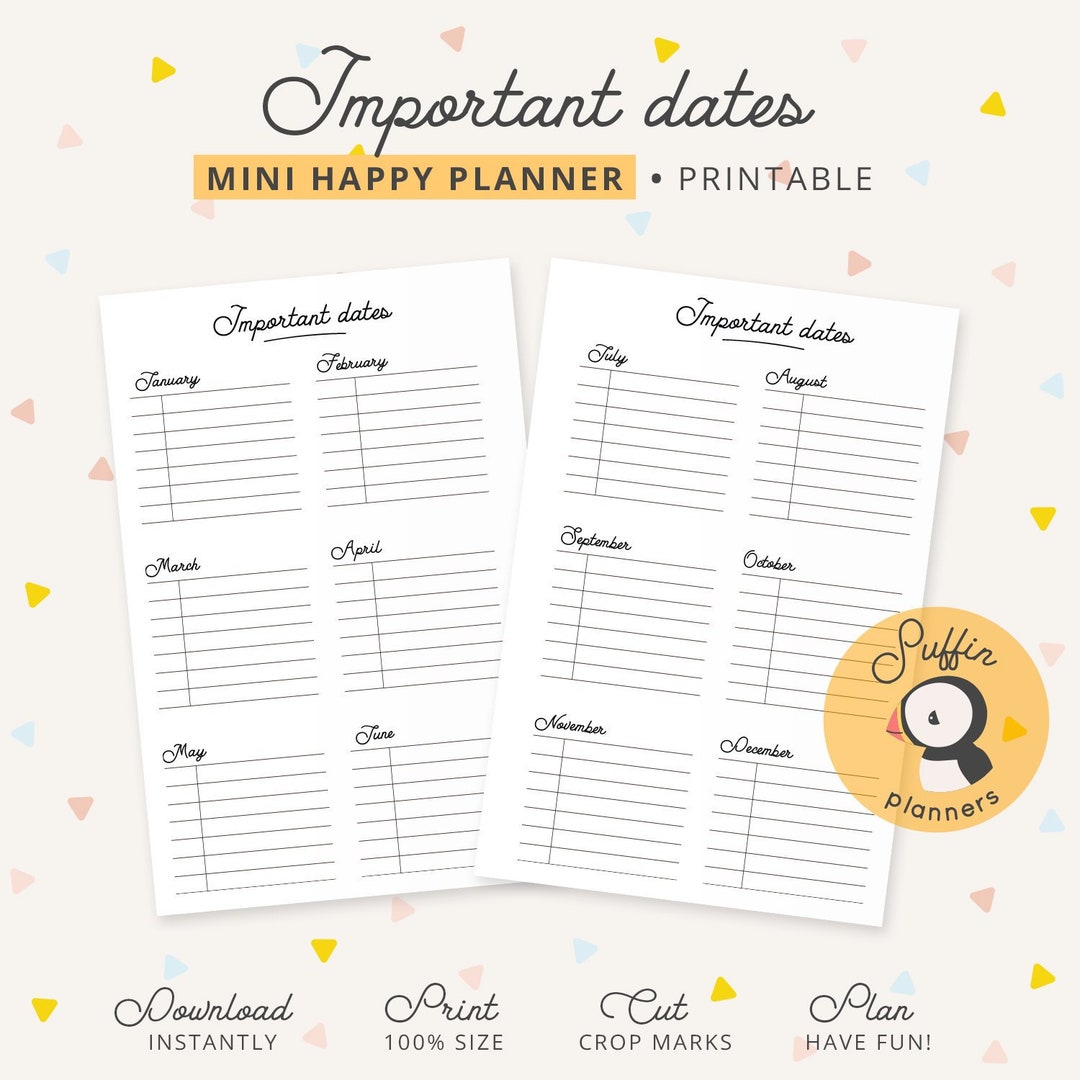 Important Dates Mini Happy Planner Inserts, Birthdays, Mini Happy ...