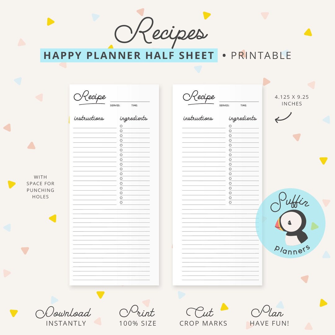 Happy Planner Half Sheet Recipe Pages, Happy Planner Half Sheet Recipe ...