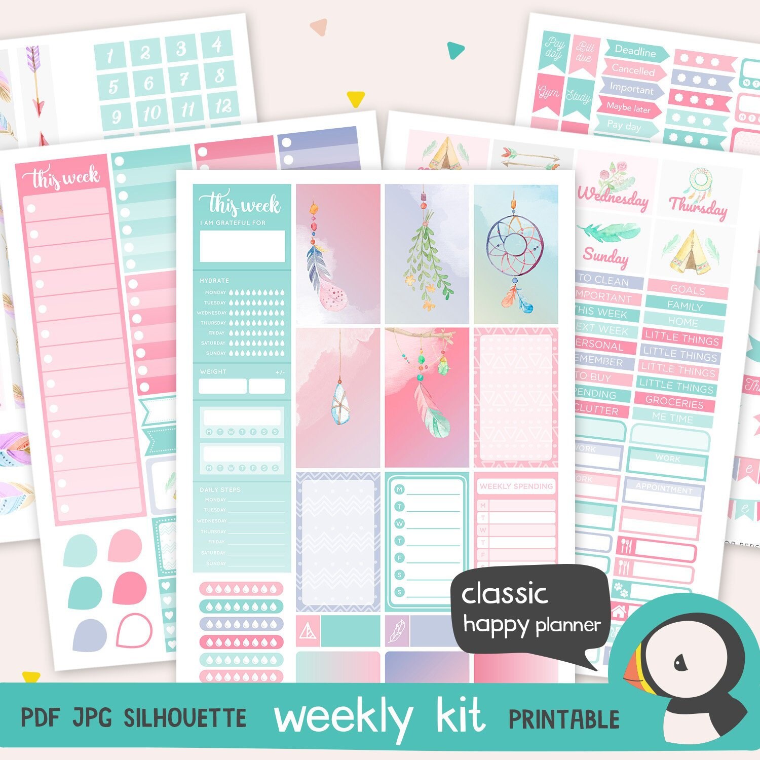 Printable Happy Planner Stickers bohemian Chic, PDF, JPG, Silhouette ...