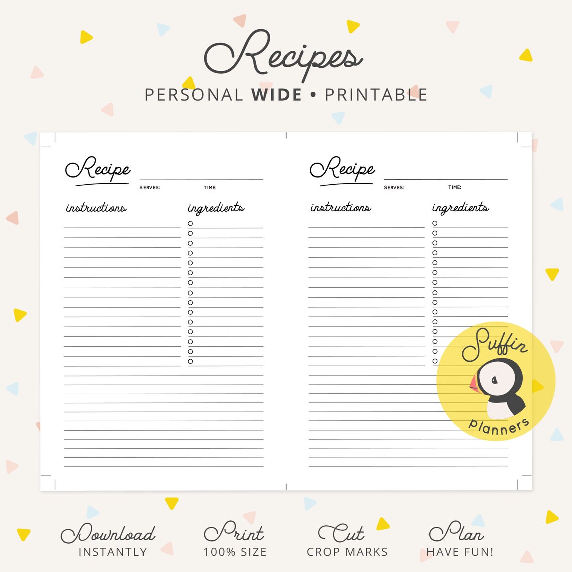 Printable Recipe Planner Pages for Personal Wide Ring Planners, Recipe ...