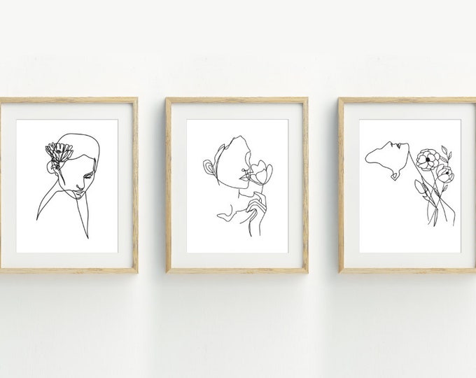 Line Art Print, Abstract Woman Shape Print, Set of 3 Black and White ...