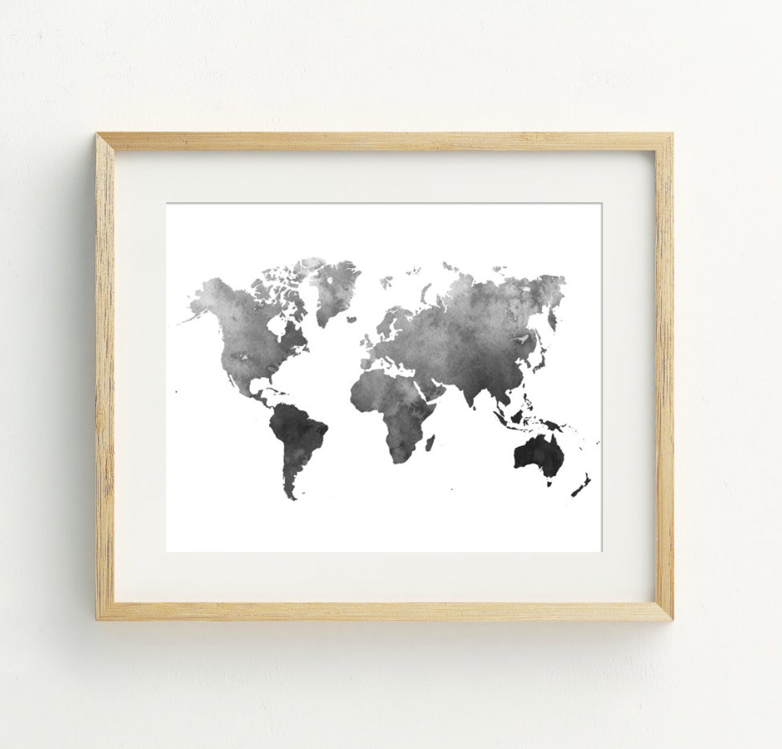 Map Art Print Black and White World Map Print Monochrome | Etsy