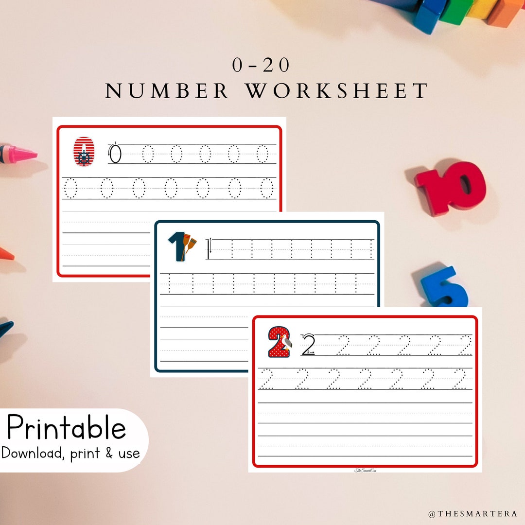 0 - 20 Number Tracing Worksheet Printable | Numbers Practice Activity ...