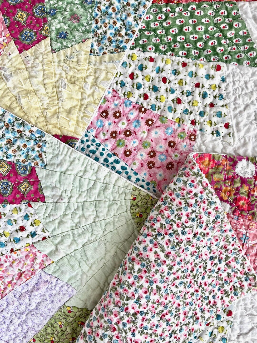 Fan Quilt Squares, Some Feed Sack Fabrics, Cutter Quilt, Hand Stitched ...
