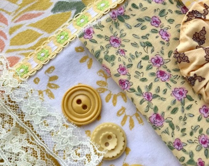 Yellow Slow Stitch Kit, Yellow Fabric Stash, Lace, Chenille, Buttons ...