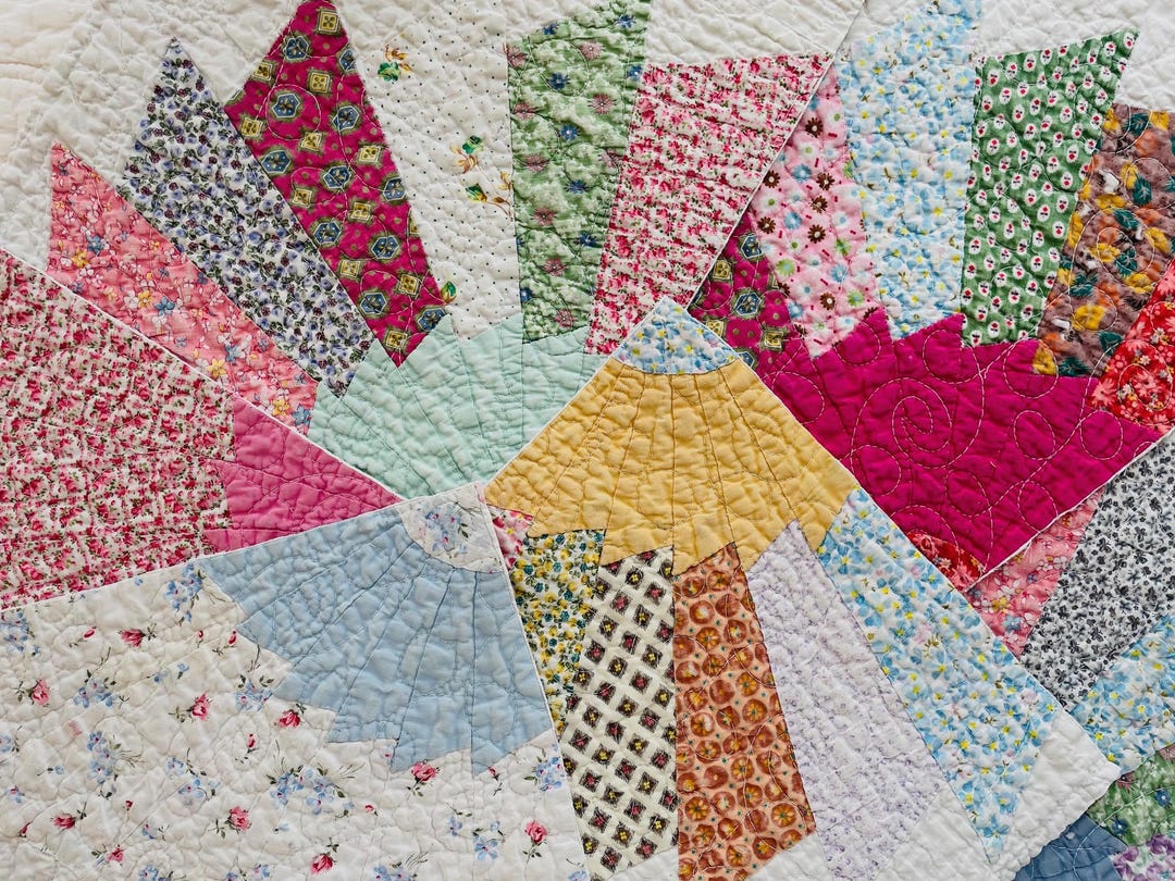 Fan Quilt Squares, Some Feed Sack Fabrics, Cutter Quilt, Hand Stitched ...