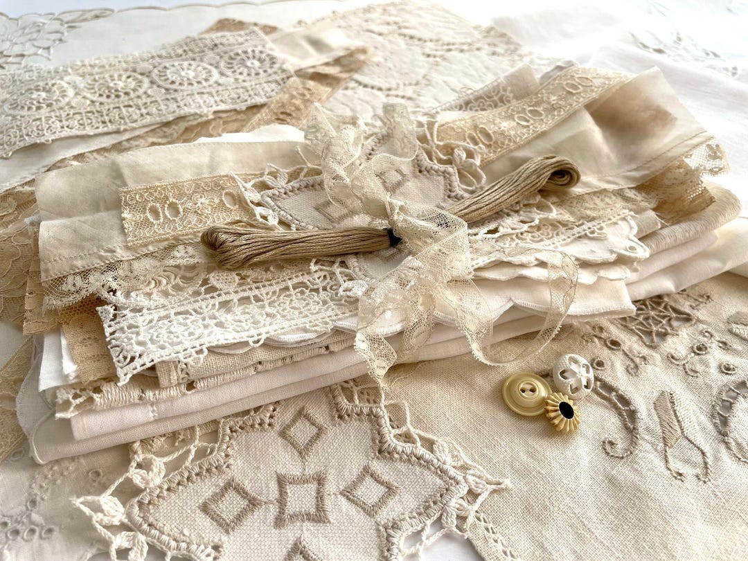 Old Linens and Lace Slow Stitching Bundle Lovely Vintage Table Linens ...