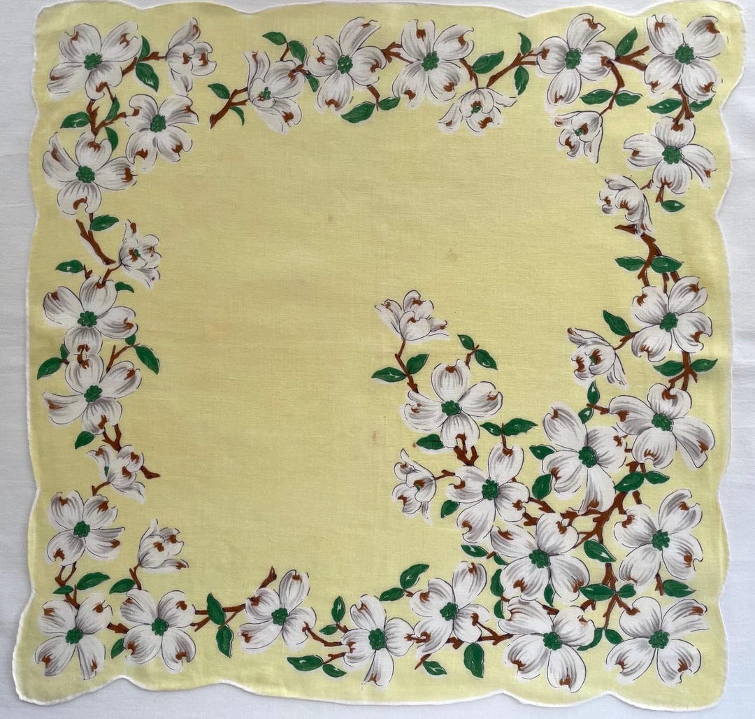Yellow Hanky With White Dogwood Blossoms, Scalloped Hand-rolled Edge ...