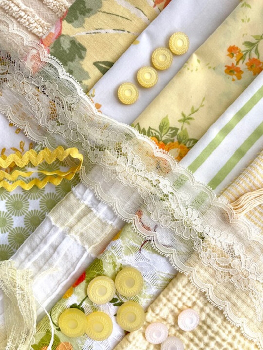 Yellow Slow Stitch Fabric Bundle, Vintage Cotton Fabric, Rickrack, Lace ...