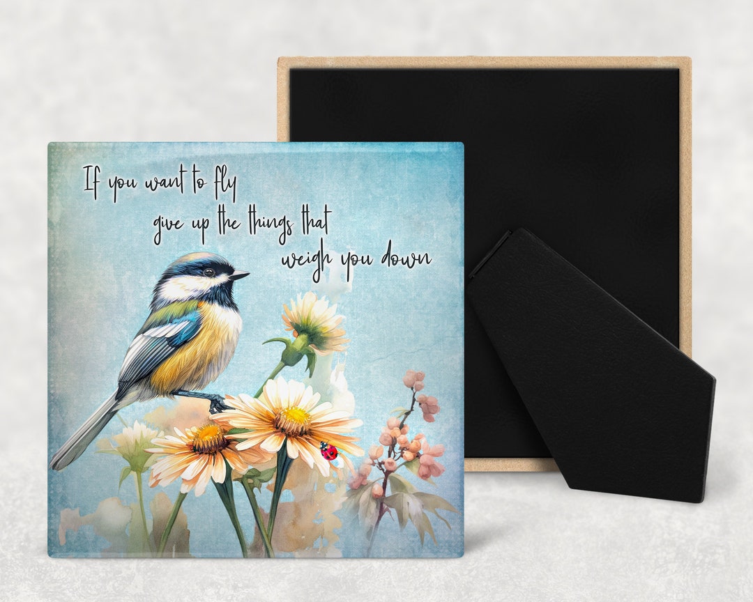 Chickadee Tile Bird Decor Inspirational Art With Flowers 3 Sizes Easel ...