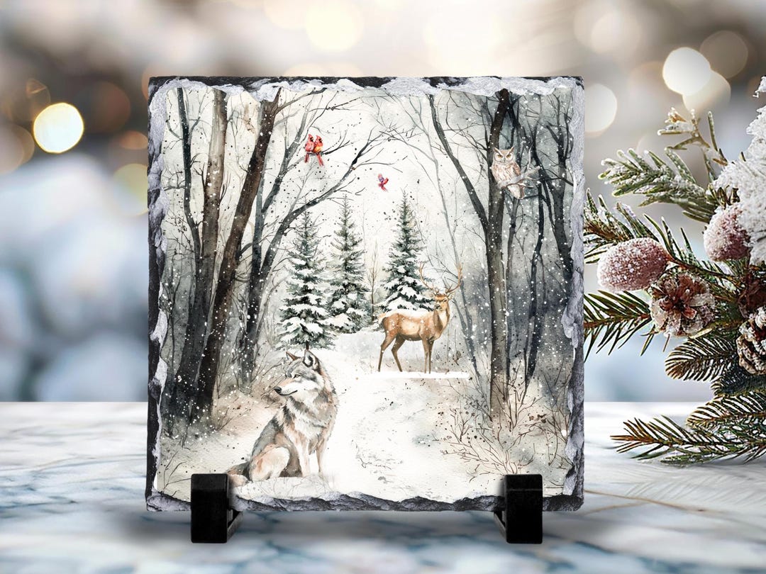 Rustic Woodland Animal Slate Tile, Winter Cabin Decor, Forest Wildlife ...