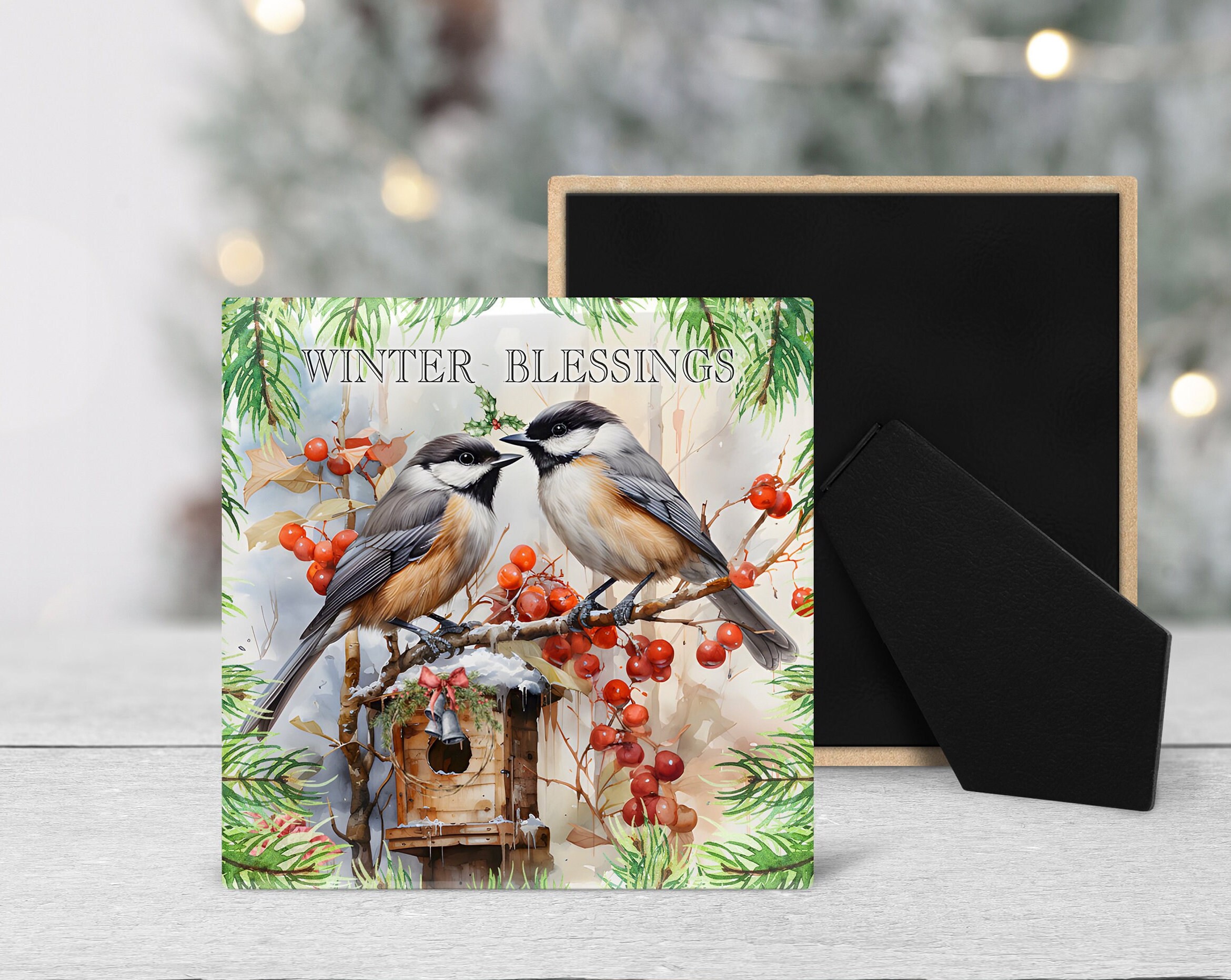 Chickadees Tile With Holly and Mistletoe Decor Winter Blessings - Etsy