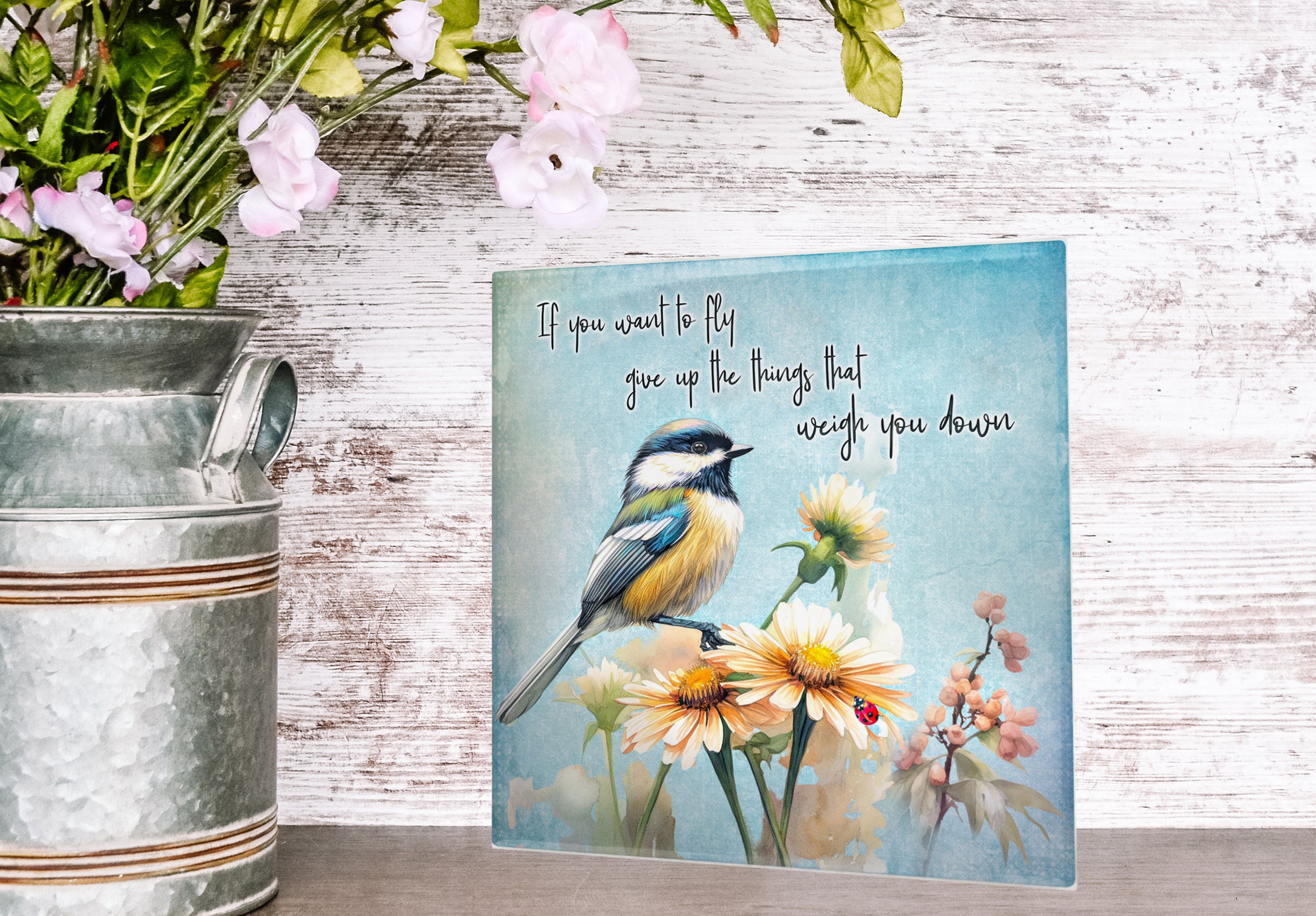 Chickadee Tile Bird Decor Inspirational Art With Flowers 3 Sizes Easel ...