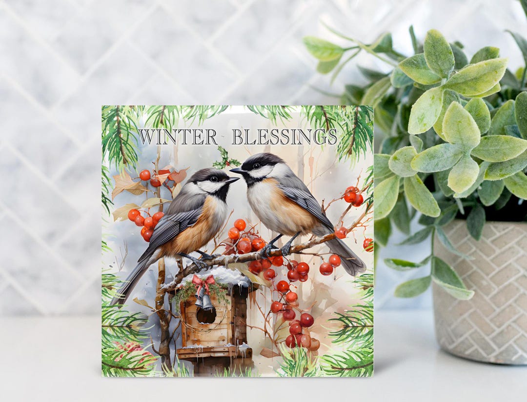 Chickadees Tile With Holly and Mistletoe Winter Blessings Decor Three ...
